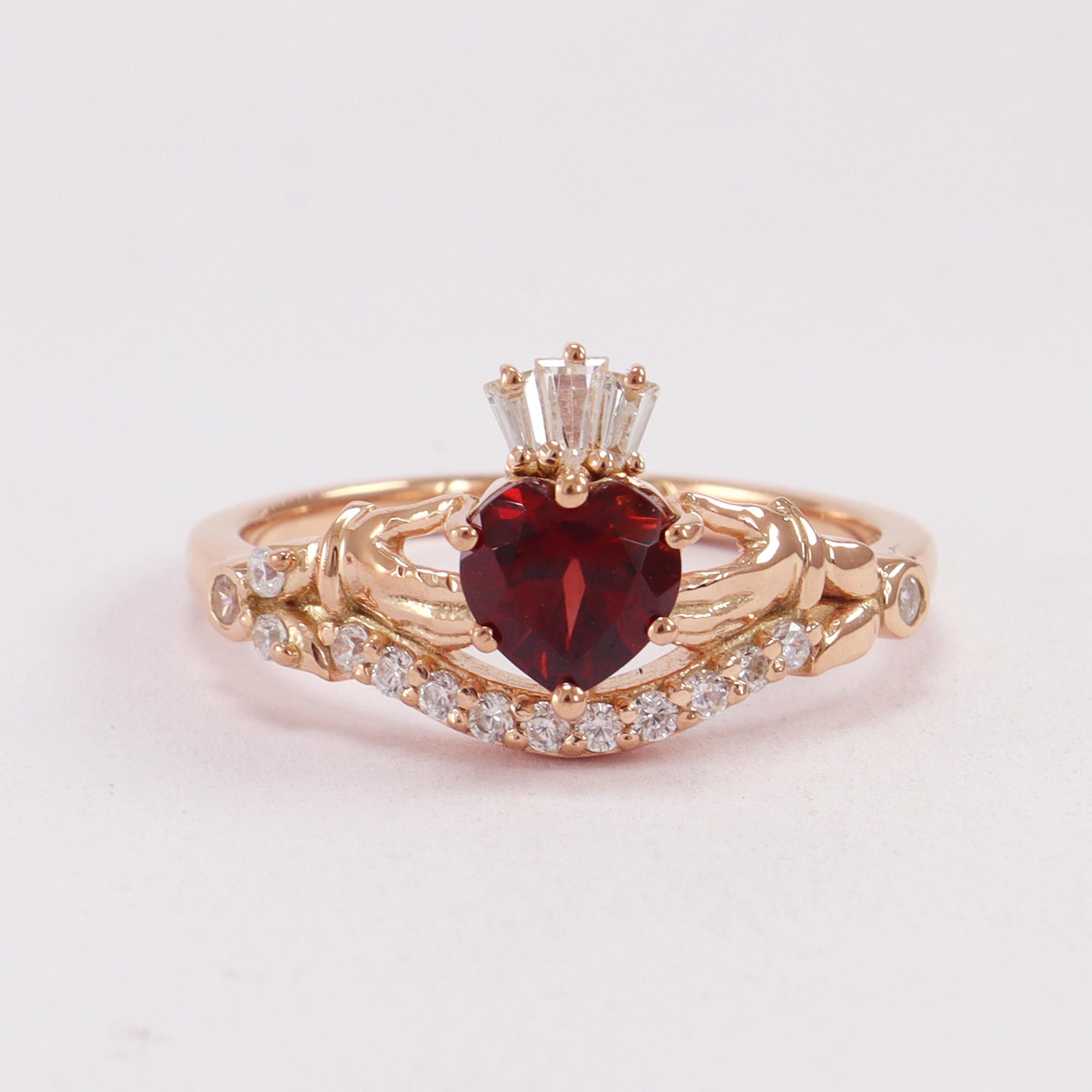 Claddagh Heart Red Garnet Ring, Tapper Baguette Ring, Engagement Garnet ...