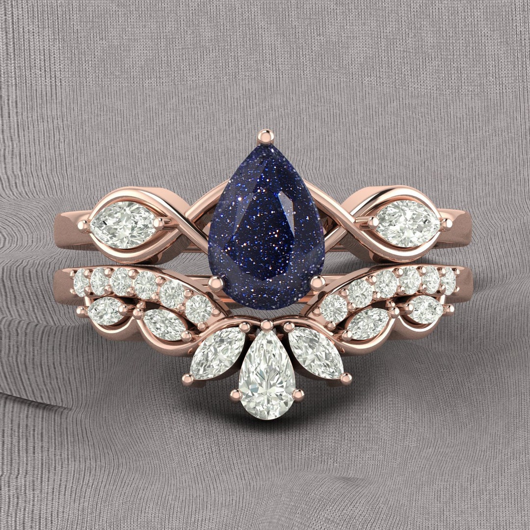14K Rose Gold Unique Blue Sandstone Ring, Set 2pcs Blue Goldstone ...