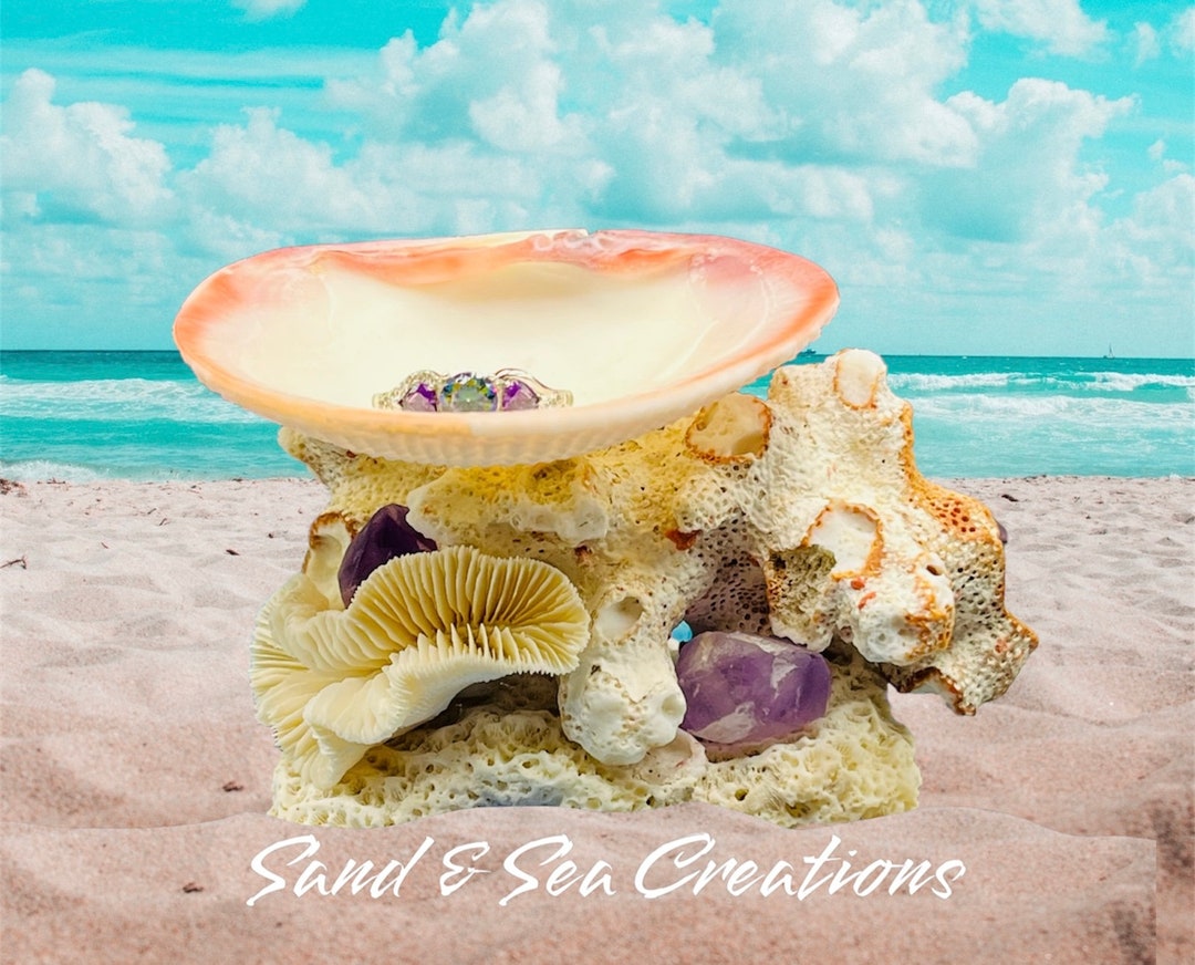Sea Shell Trinket Dish - One of a Kind ! Purple Amethyst - Coral - Sea ...
