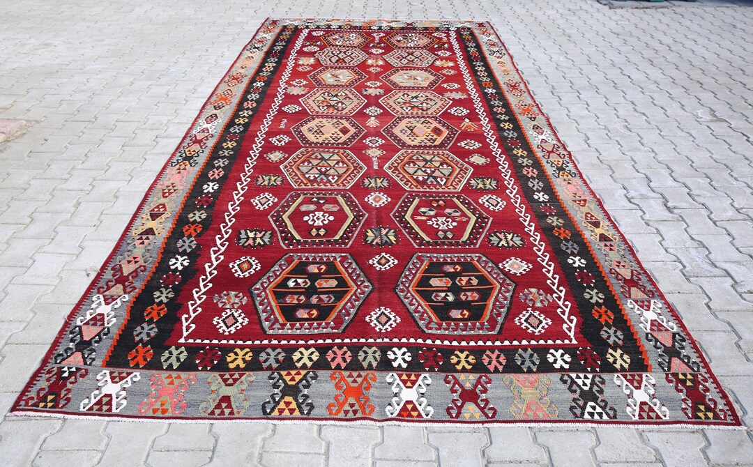 Turkish Kilim Rug 7x15 Kilim Rug,red & Faded Blue Kilim Rug, Natural ...