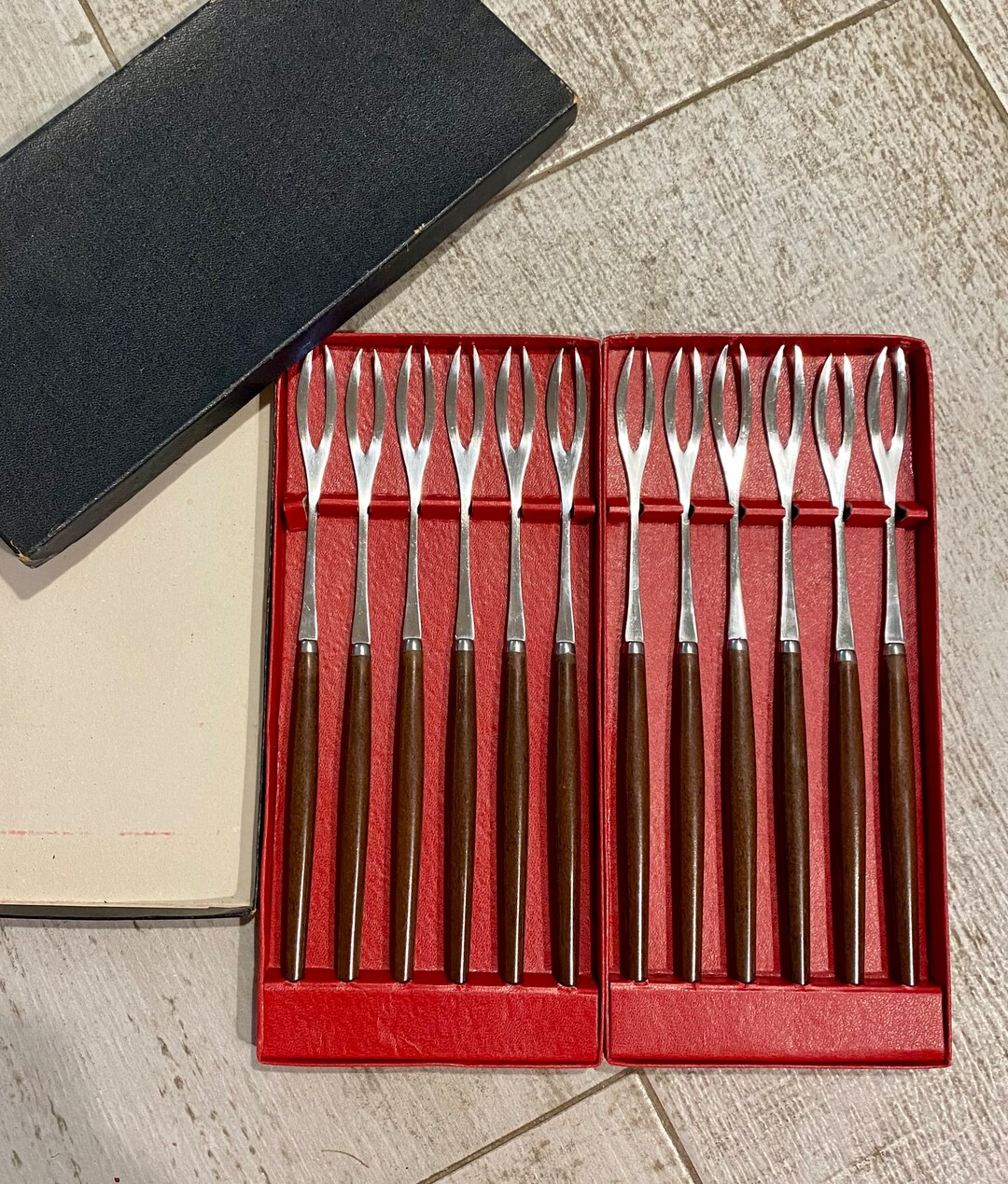 Mid Century, Modern MCM, Fondue Forks, Stainless Steel Metal Wood Set ...