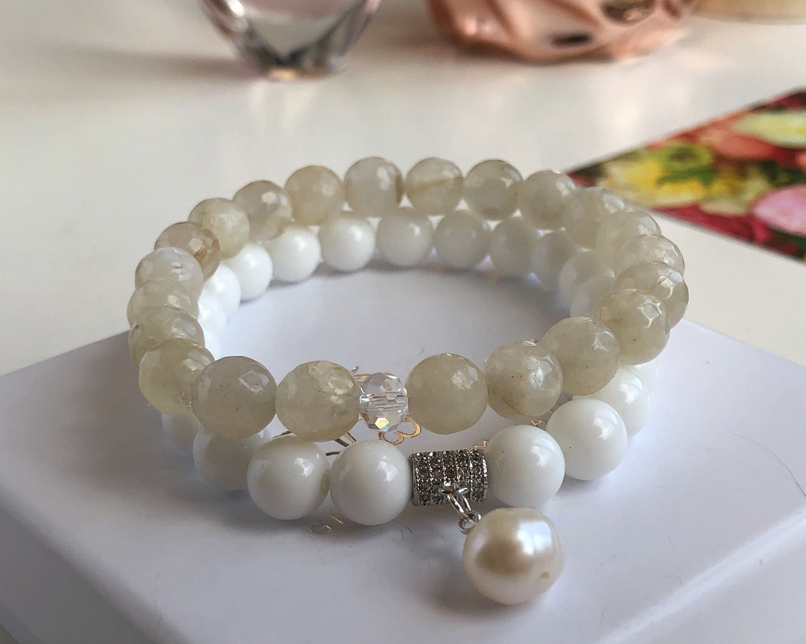 Gorgeous White Moonstone Bracelet 6mm for Women With Crystal - Etsy