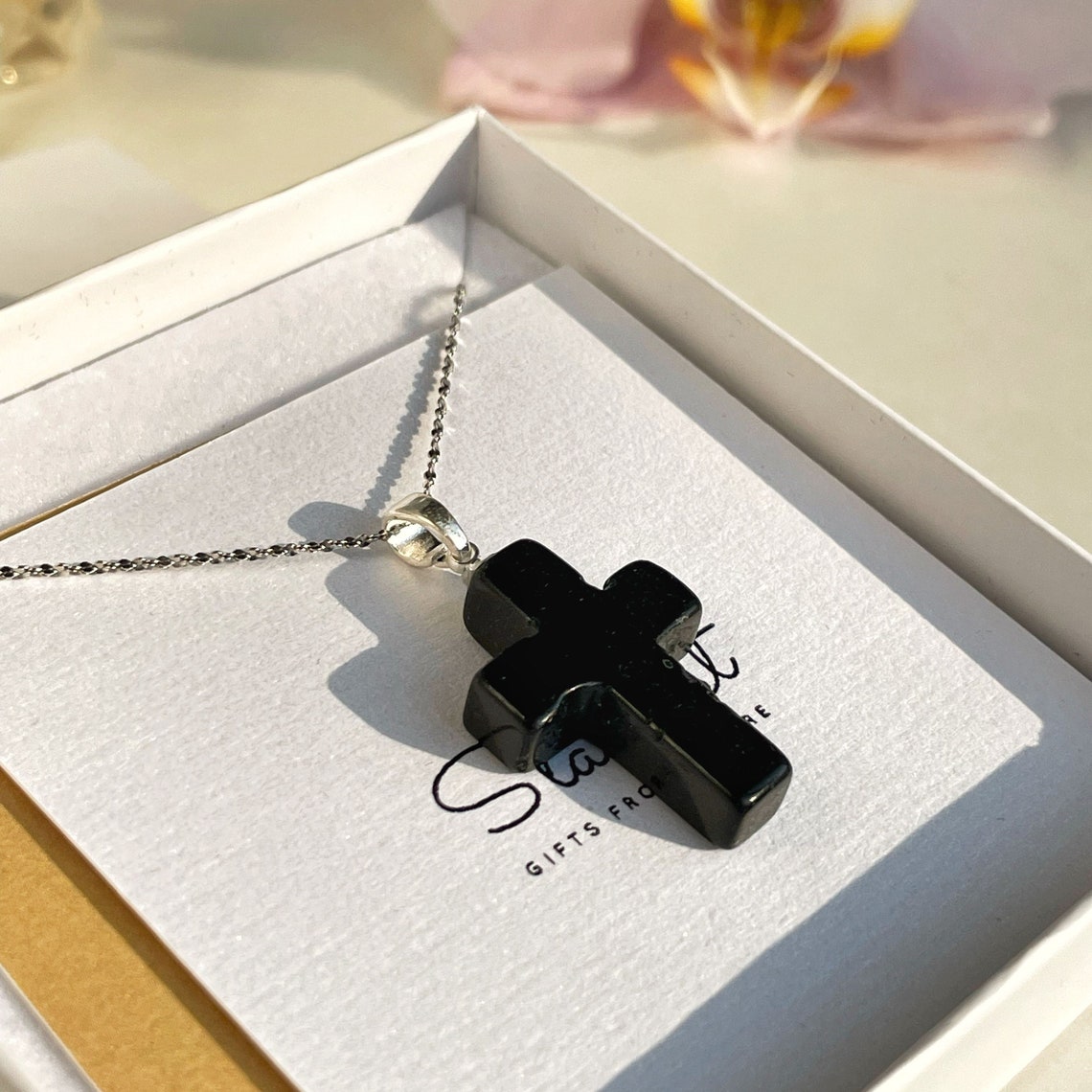 Black Obsidian Cross Pendant, Hand Carved Natural Stone Jewelry ...