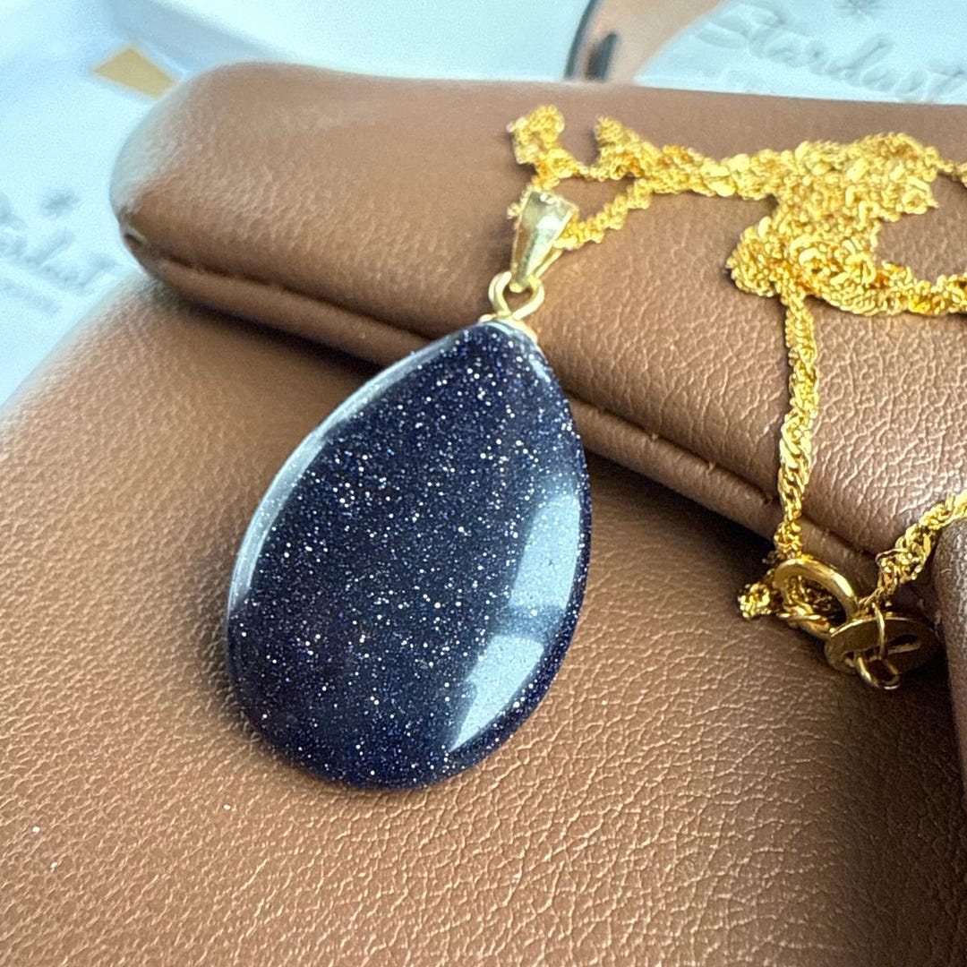 Blue Goldstone Drop Pendant – 18k Gold Filled Wave Chain | “night Sky ...