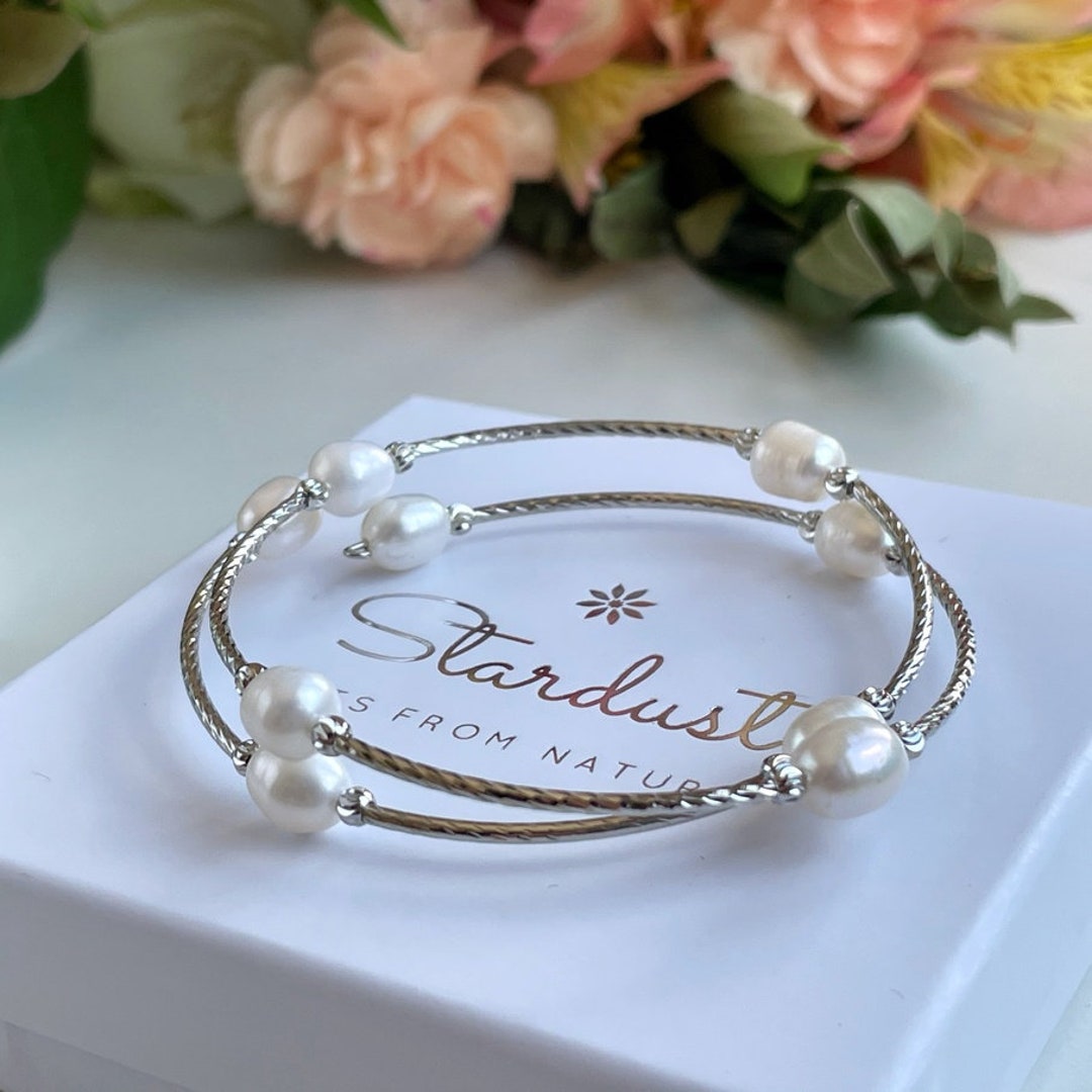 Silver Bangle Pearl Bracelet, Natural White Pearl Bracelet, Bridal ...
