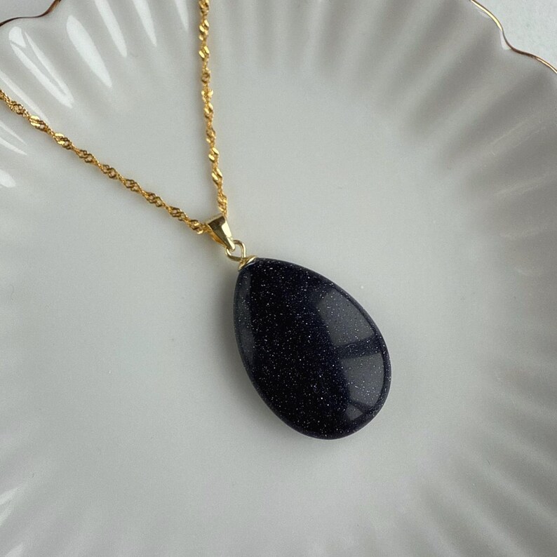 Blue Goldstone Drop Pendant – 18k Gold Filled Wave Chain | “night Sky ...