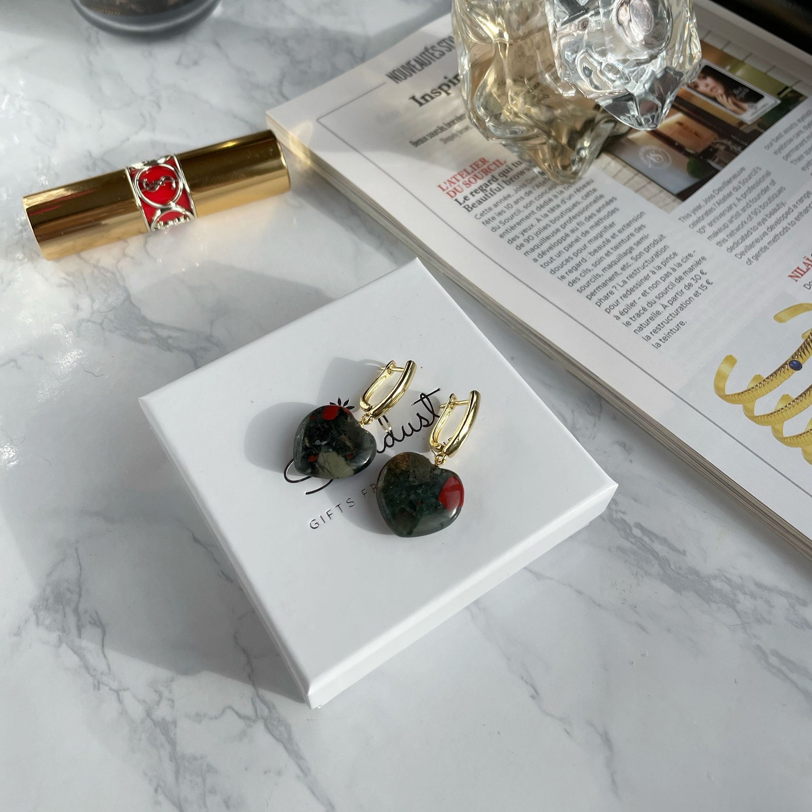 BLOODSTONE Heart Earrings Gold Plated, Bloodstone Jewelry Set, Energy ...