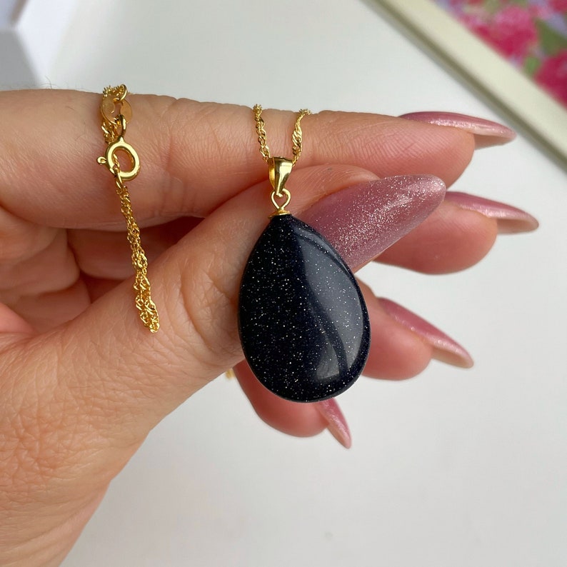 Blue Goldstone Drop Pendant – 18k Gold Filled Wave Chain | “night Sky ...