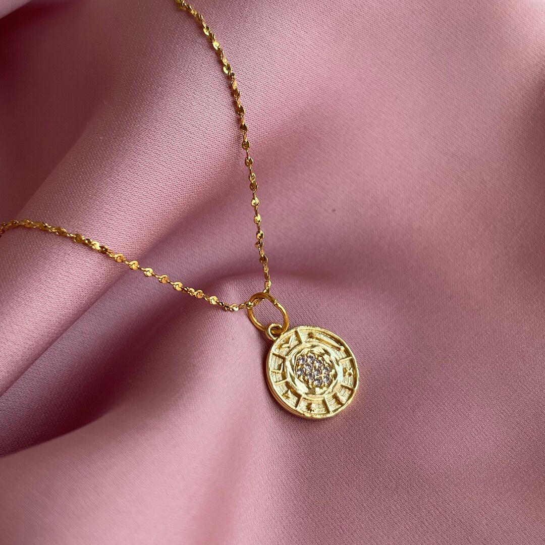Maya Gold Coin Necklace With Zircons, 18k Gold Plated Stainless Steel ...