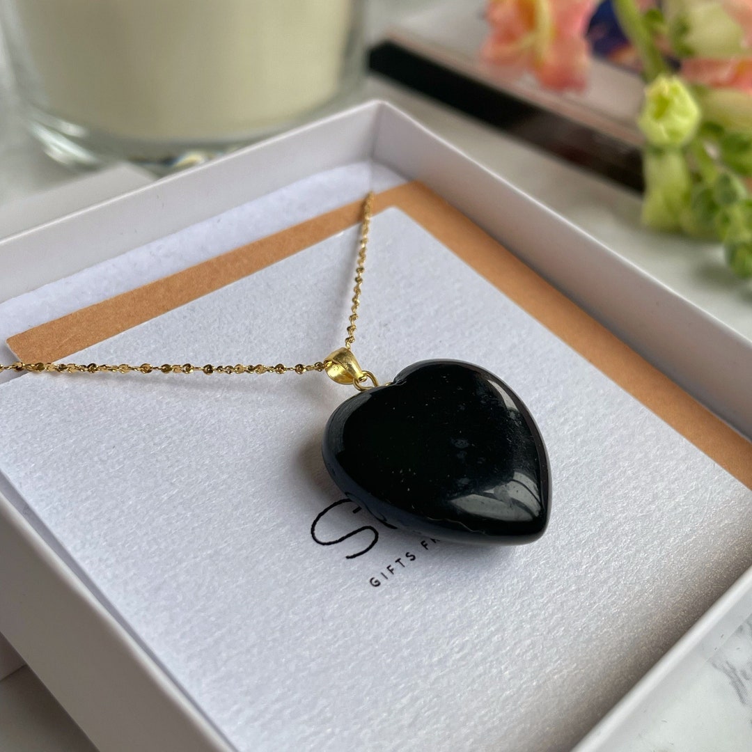 Black Obsidian Heart Pendant, 18k Gold Plated 'star' Stainless Steel ...