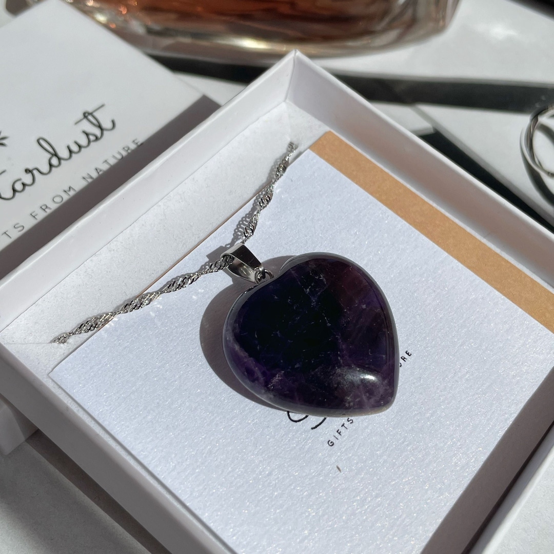Big Purple AMETHYST Heart Pendant 3cm, Natural Stone Gift, Sterling ...
