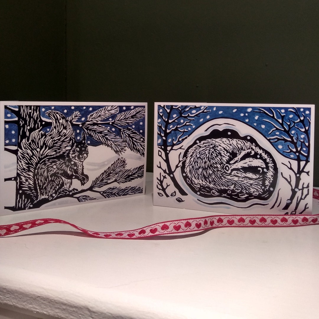 Pack of 8 Linocut Design Christmas Cards Featuring a Sleeping Badger ...