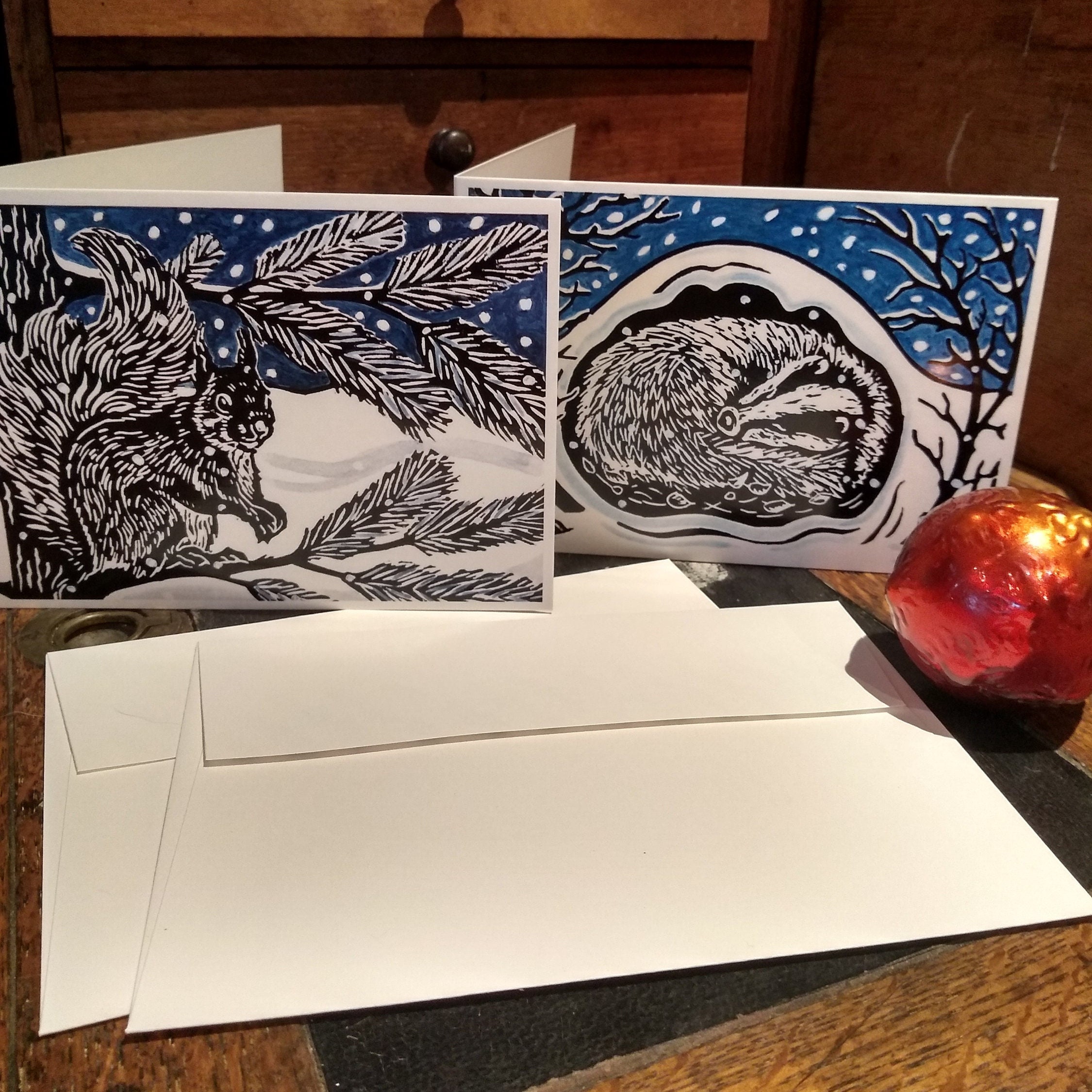 Pack of 8 Linocut Design Christmas Cards Featuring a Sleeping Badger ...