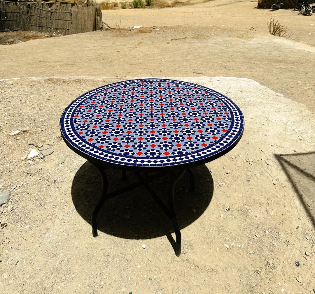 Custom Moroccan Mosaic Table: Handmade Zellij Tile, Blue Red & White - Etsy