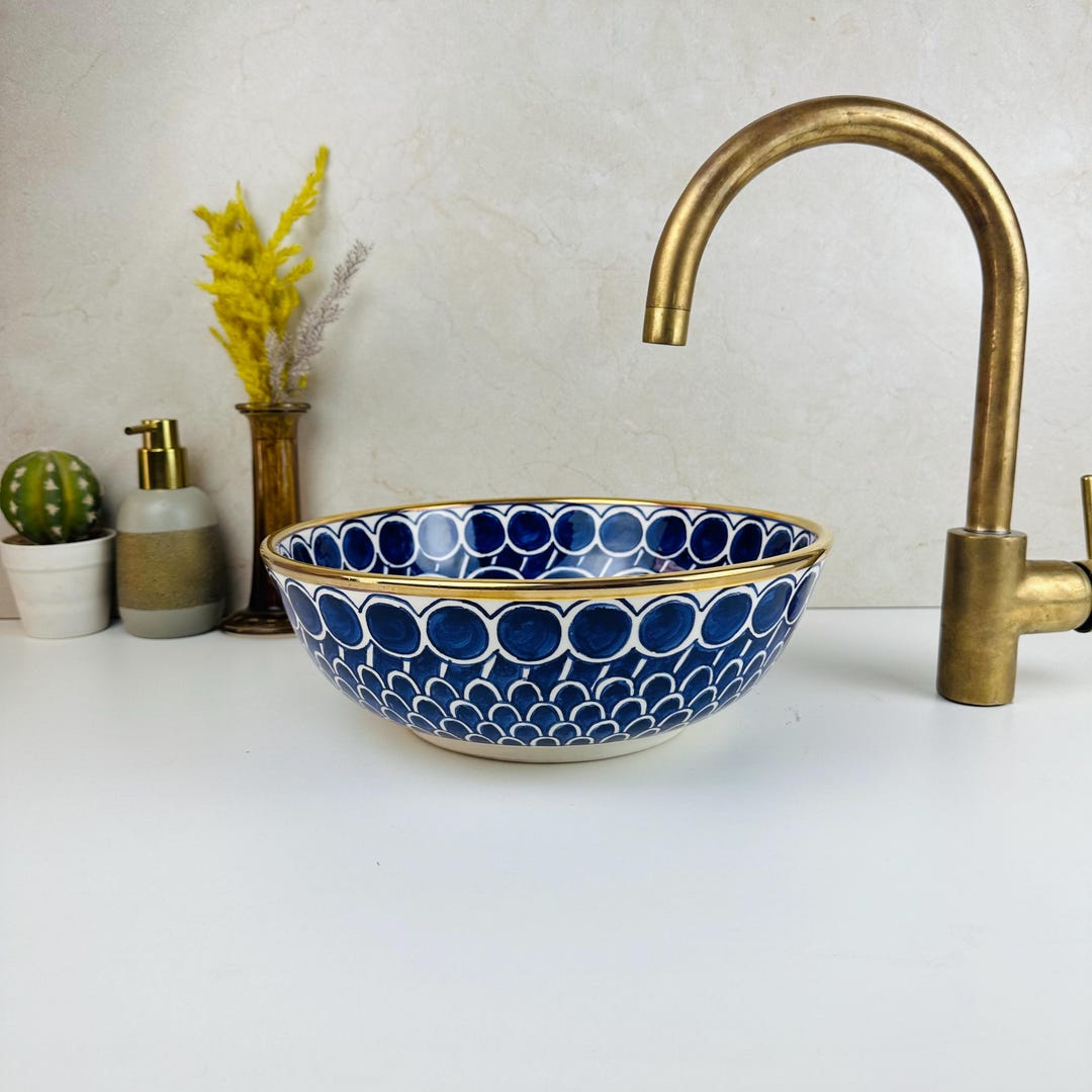 Blue Ceramic Vessel Sink: Moroccan Boho Gold-trimmed Bathroom Basin - Etsy