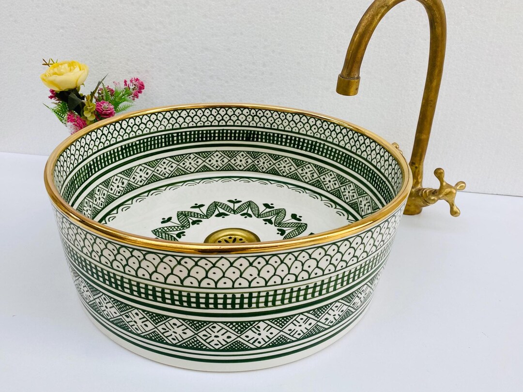 Hand-painted Porcelain Basin, Geometric Emerald Green Sink With Gold ...