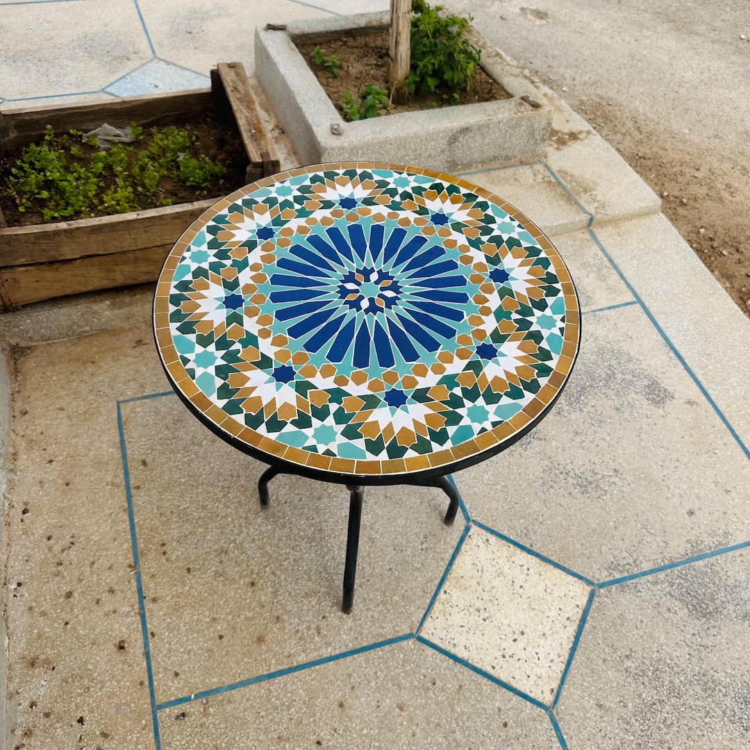 Handcrafted Moroccan Mosaic Bistro Table: Geometric Zellige Tile Art - Etsy