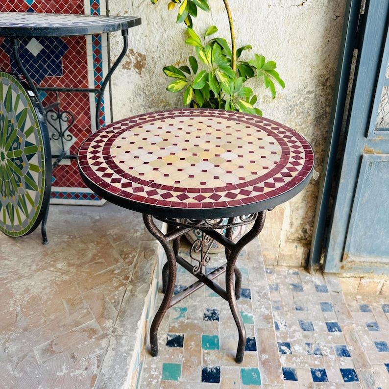 Moroccan Mosaic Coffee Table: Ruby Sand Zellige Tile, Geometric Design ...