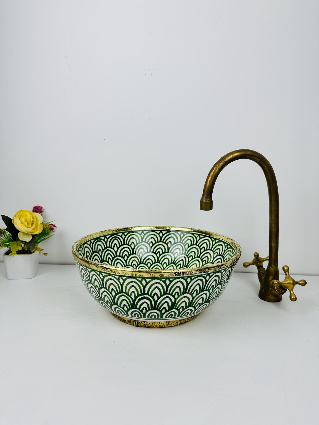 Handmade Emerald Fan Ceramic Vessel Sink With Gold Brass Rim - Etsy