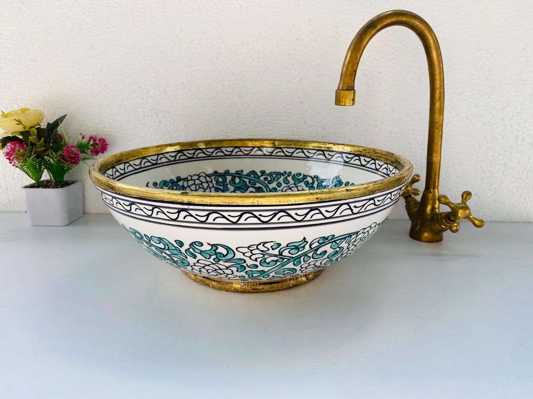 Hand-painted Ceramic Sink, Turquoise Floral Basin, Gold Rim, Boho Decor ...