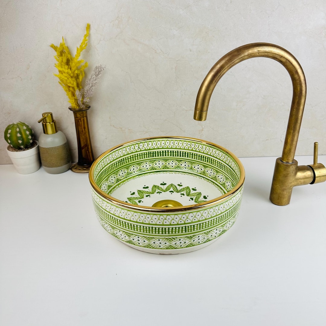 GREEN CERAMIC SINK - 14K Gold Washbasin for Restroom - Single Room Sink - Countertop Bathroom ...