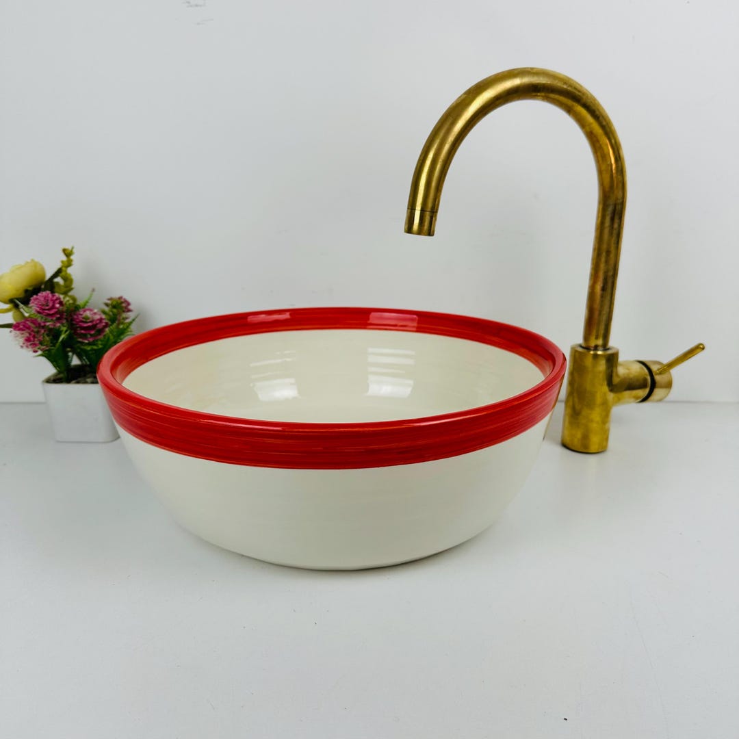 RED RIM SINK, Custome Made Ceramic Sink, White Bathroom Wash Basin ...
