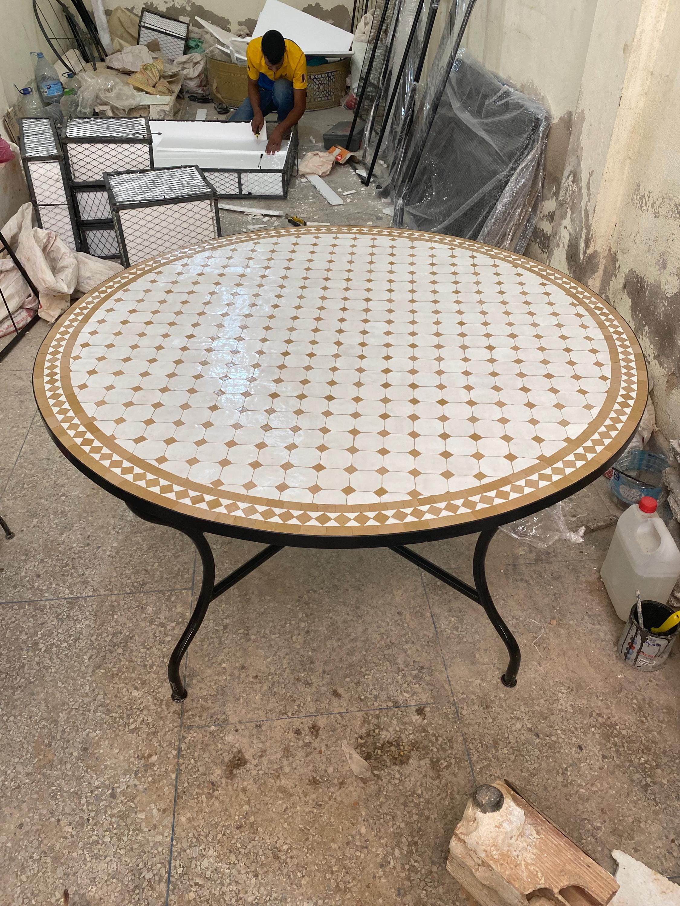 Handmade Moroccan Mosaic Tile Table: Ivory & Beige Geometric Design - Etsy