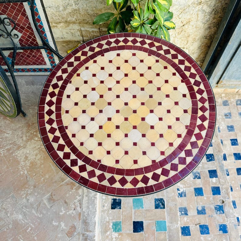 Moroccan Mosaic Coffee Table: Ruby Sand Zellige Tile, Geometric Design ...