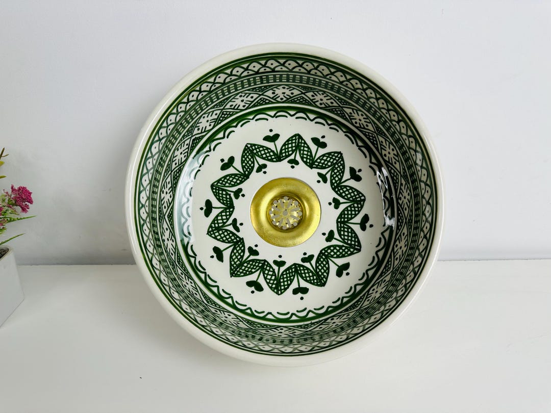Hand-painted Ceramic Basin Sink: Green Vine Motif, Brass Drain - Etsy