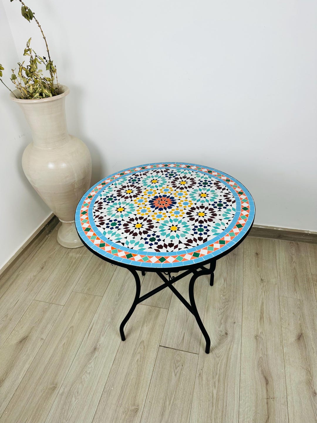 Handmade Moroccan Mosaic Table: Zellige Tile Bistro Table With Iron ...
