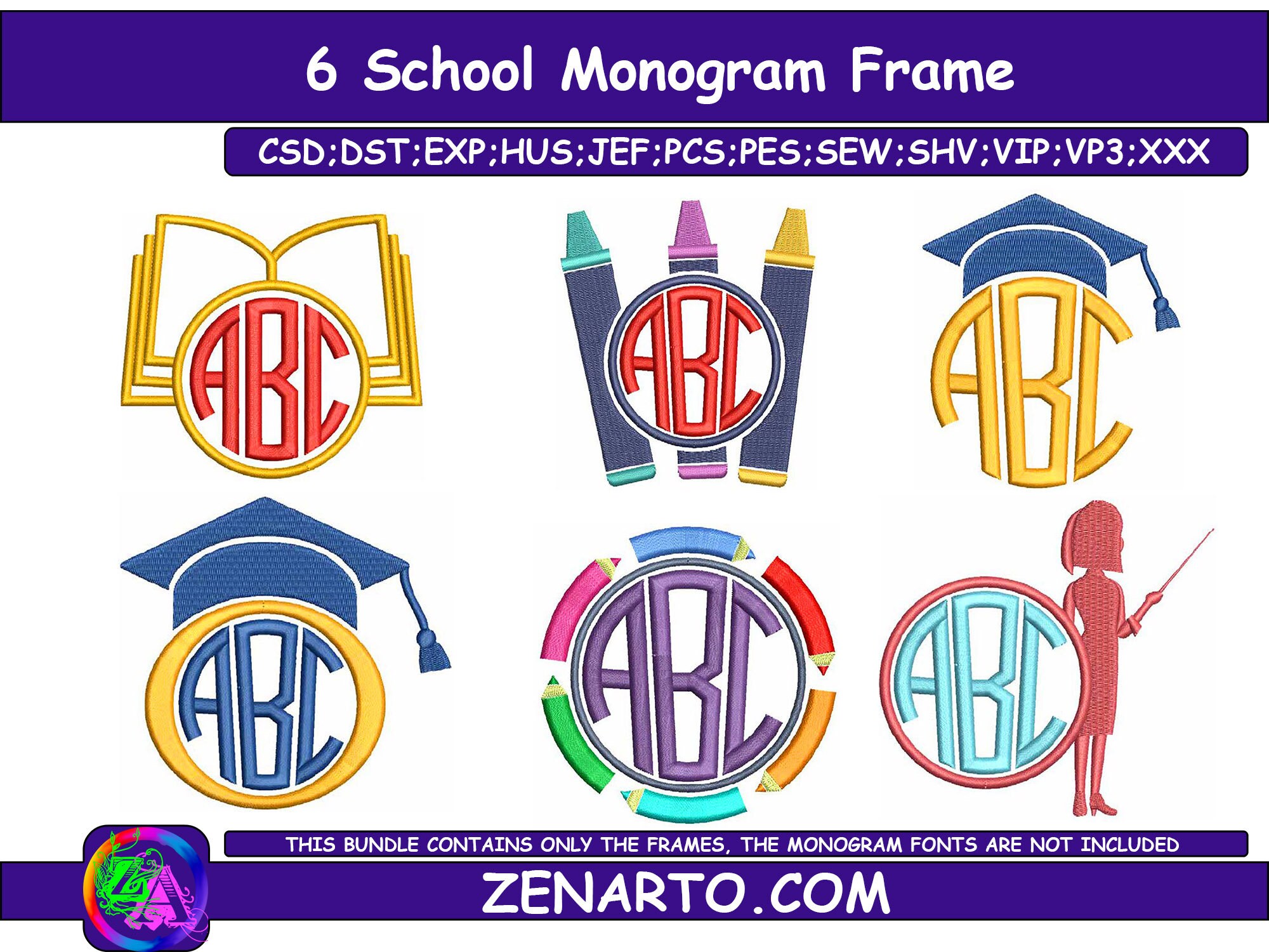 6 School Monogram Frames Embroidery Bundle PES ART CND | Etsy