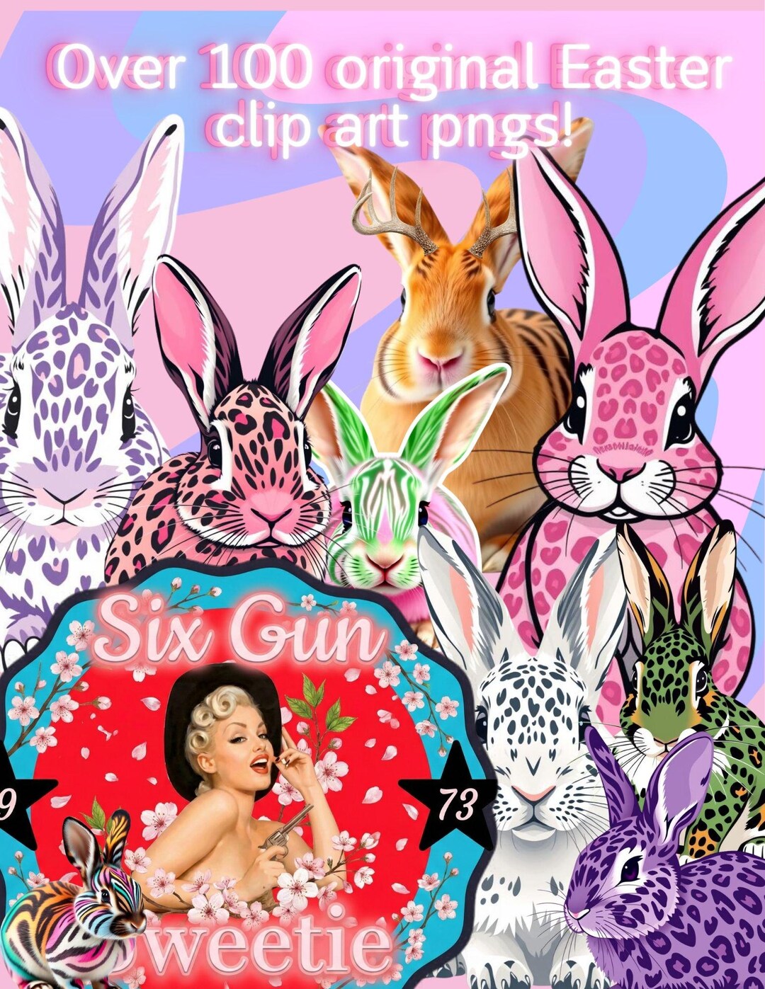 Boho Bunny Clip Art, Vibrant Animal Print Easter Illustrations (digital ...