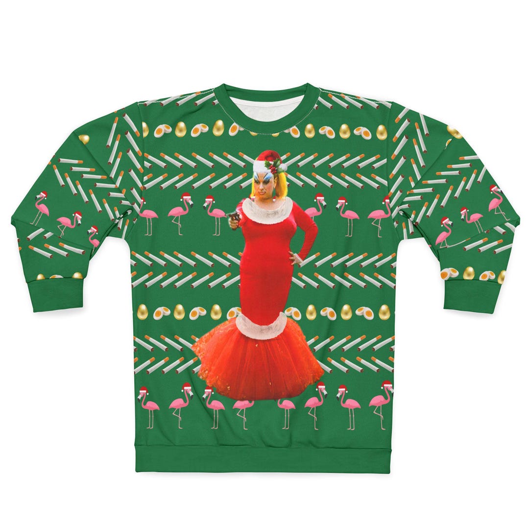 Divine Pink Flamingos Ugly Christmas Sweatshirt, Babs Johnson Santa ...