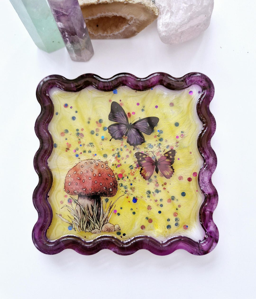 Cottage Core Trinket Tray. Toadstools and Butterflies Ring Dish. Resin ...