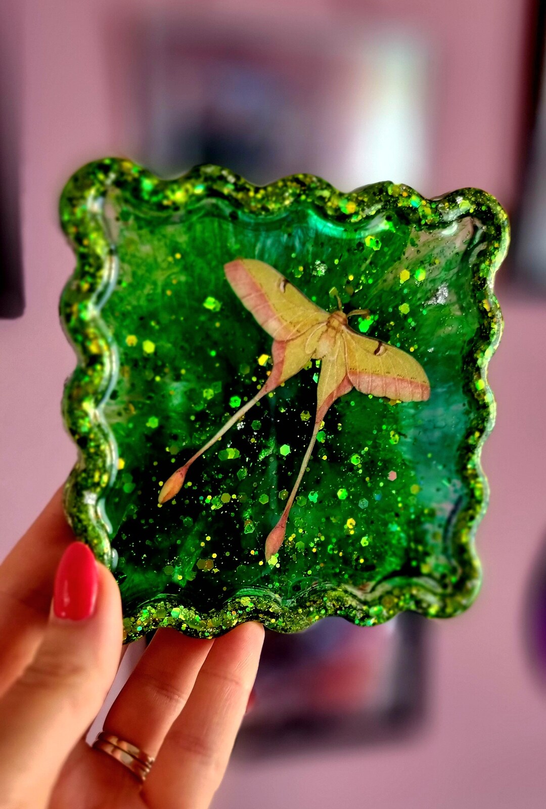 Emerald Green Resin Moth Tray. Jewellery Tray. Trinket Tray. Resin Art ...