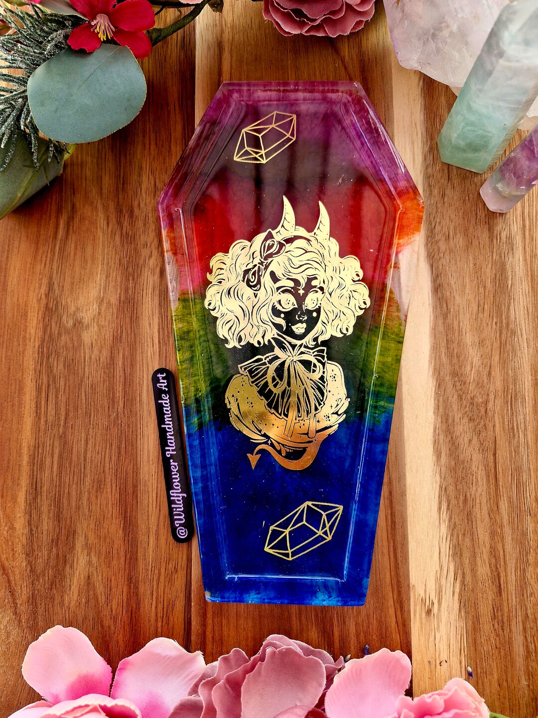 Coffin Shaped Tray. Gold Devil Girl Tray. Handmade Resin Art Tray ...