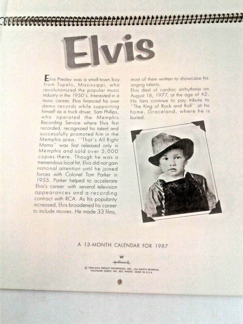 Elvis Presley 1987 Hallmark Cards Calendar - 13 Months - 12 Beautiful ...