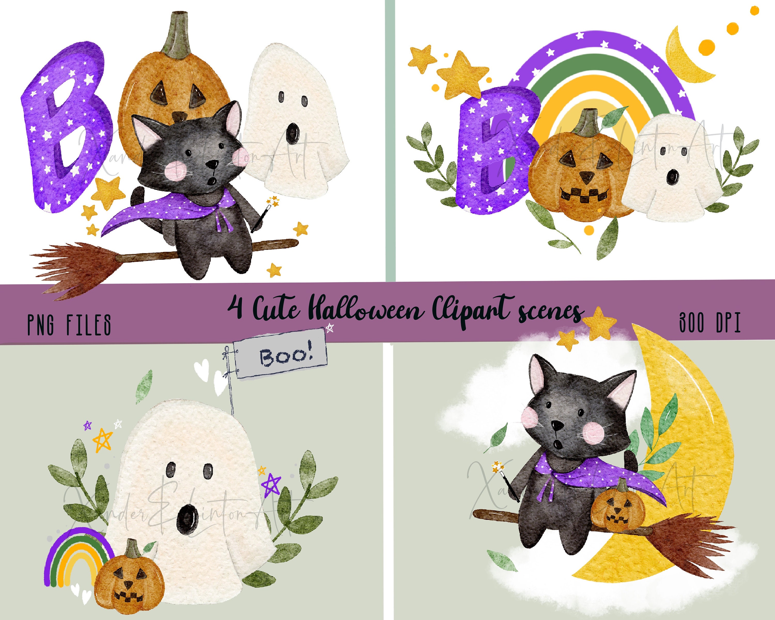 Cute Cat Halloween Clipart Halloween Scene Clipart - Etsy