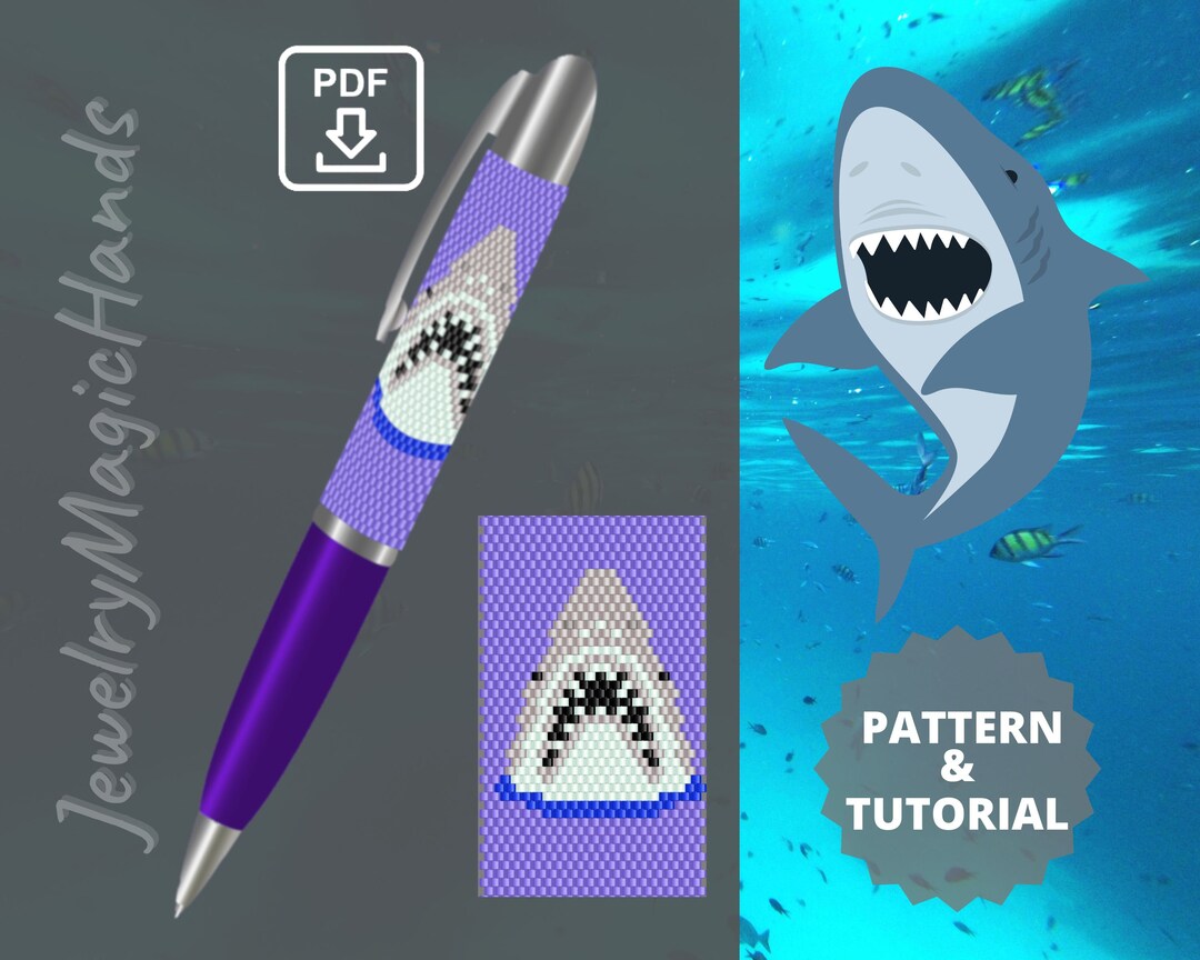 Pen Wrap Shark Pattern Step by Step TUTORIAL Funny Pen Cover Beaded ...