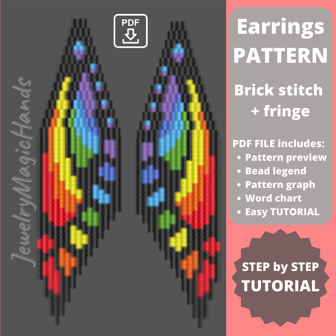 Rainbow Butterfly Wing Pattern Earrings | Tutorial Dangle Fringe Earrings | Beaded Brick Stitch ...