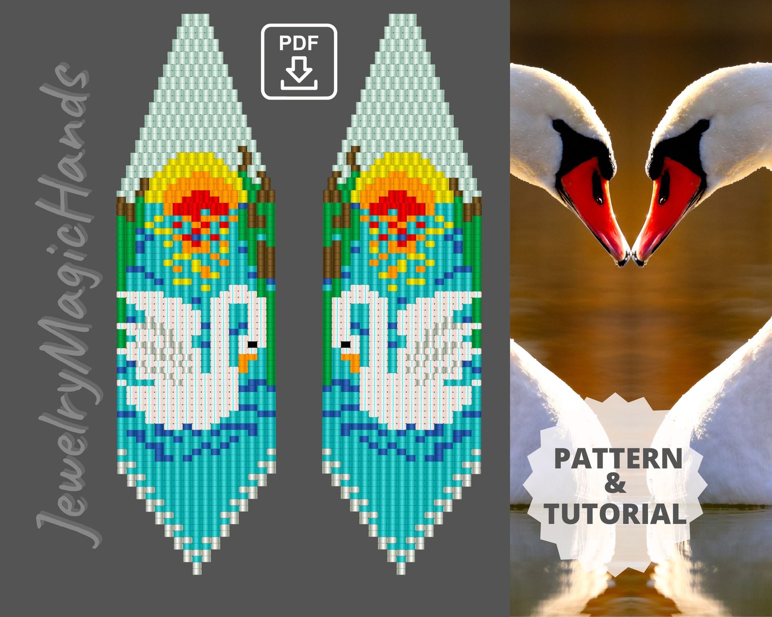 Swan Fringe Beaded Earrings. Sunrise and Bird Dangle Earrings, Brick ...