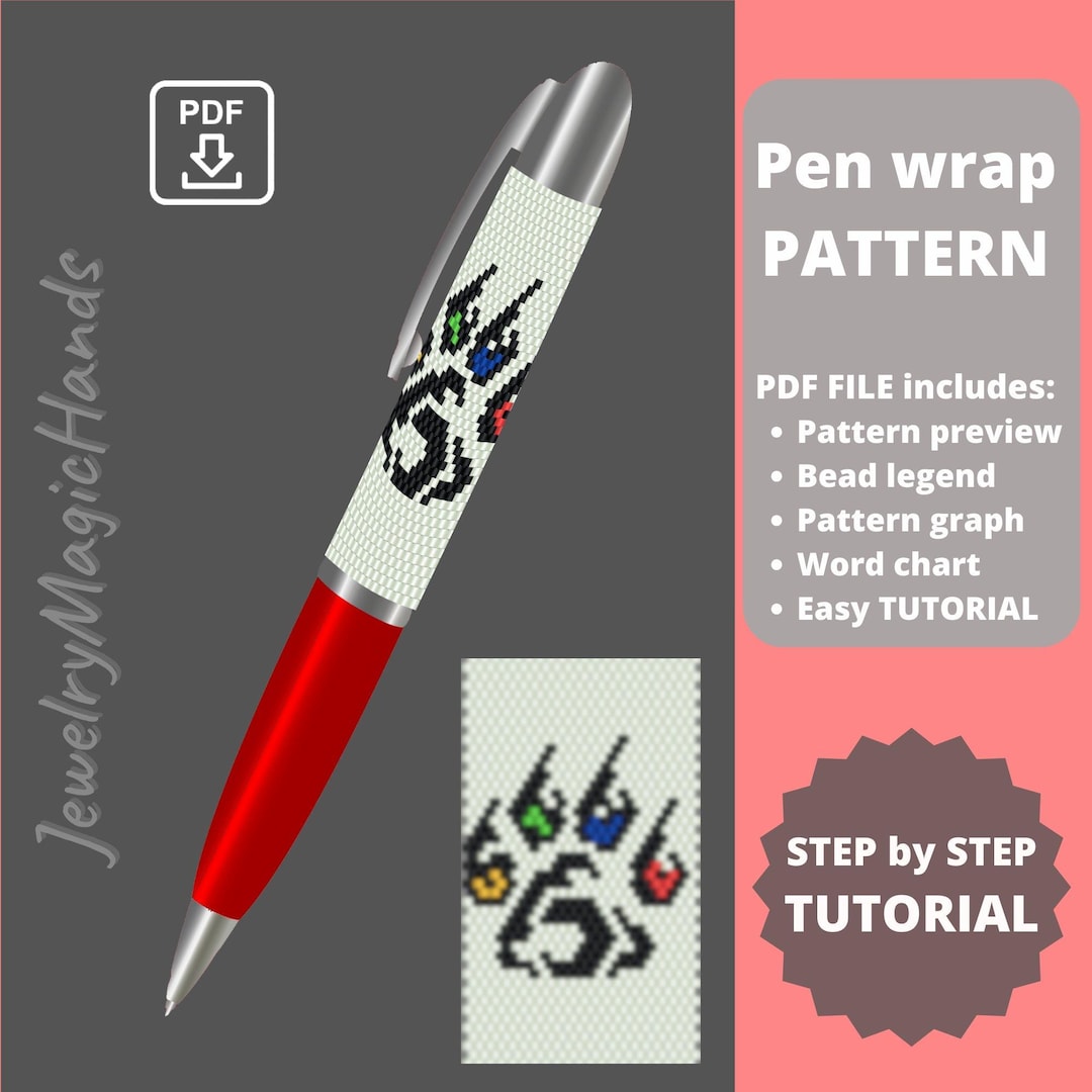 Pen Wrap Wolf Paw Pattern Step by Step TUTORIAL Pen Cover Beaded Peyote ...