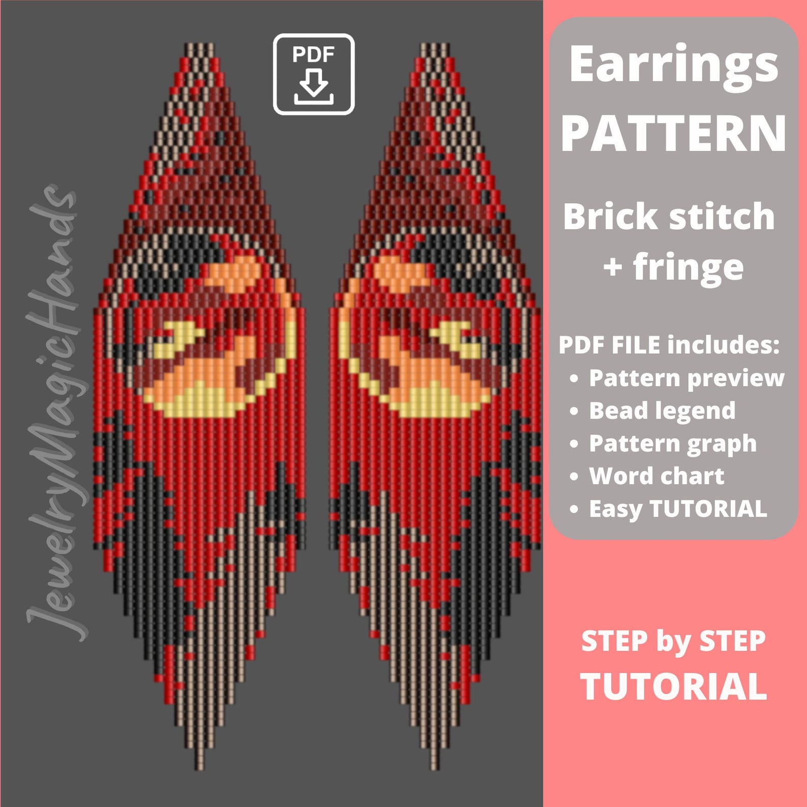 Red Moon Earrings Pattern | Step-by-step TUTORIAL Brick Stitch & Fringe ...