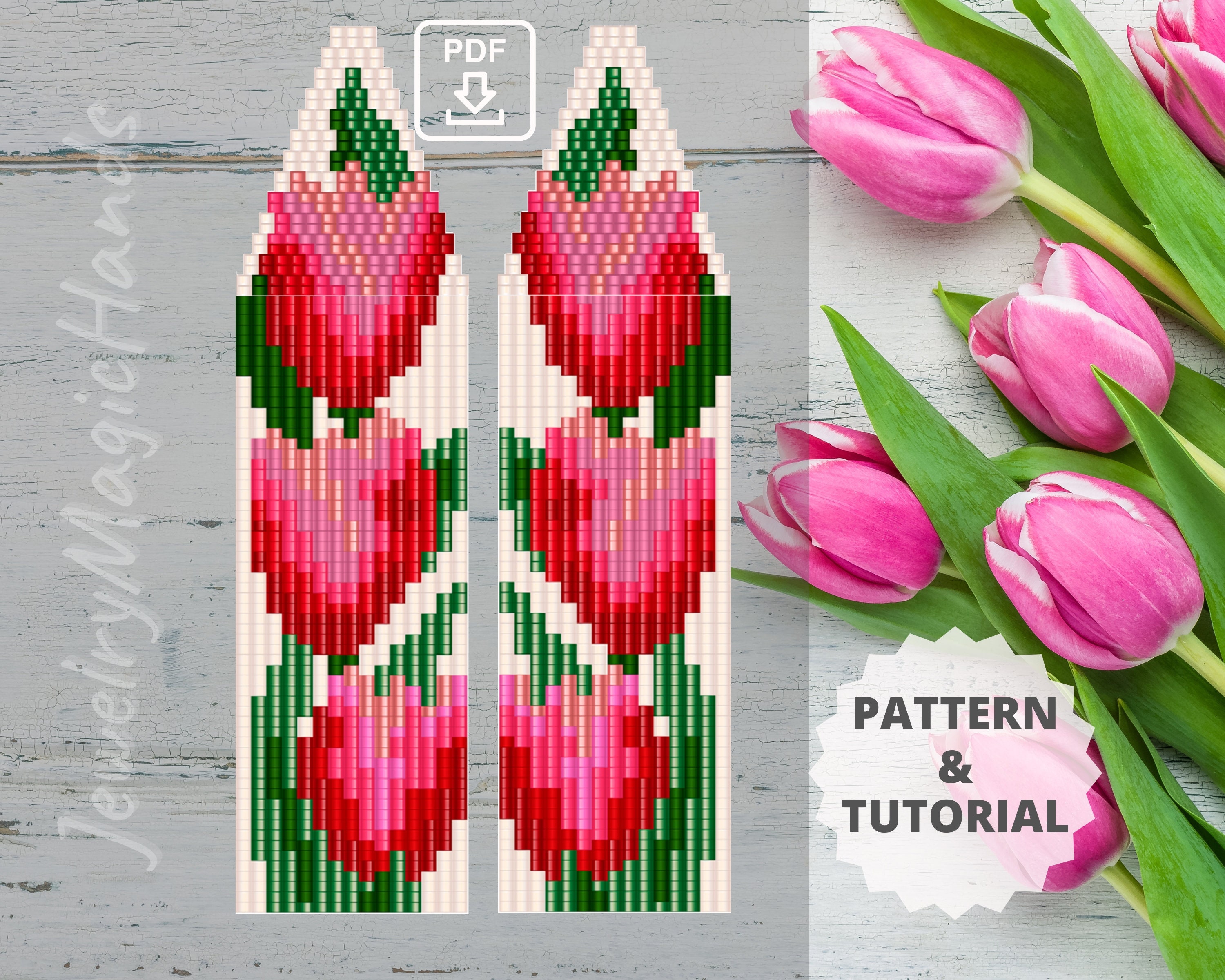 Tulips Floral Fringe Beaded Earrings Spring Flower Brick Stitch Pattern DIY Miyuki Delica Cool ...