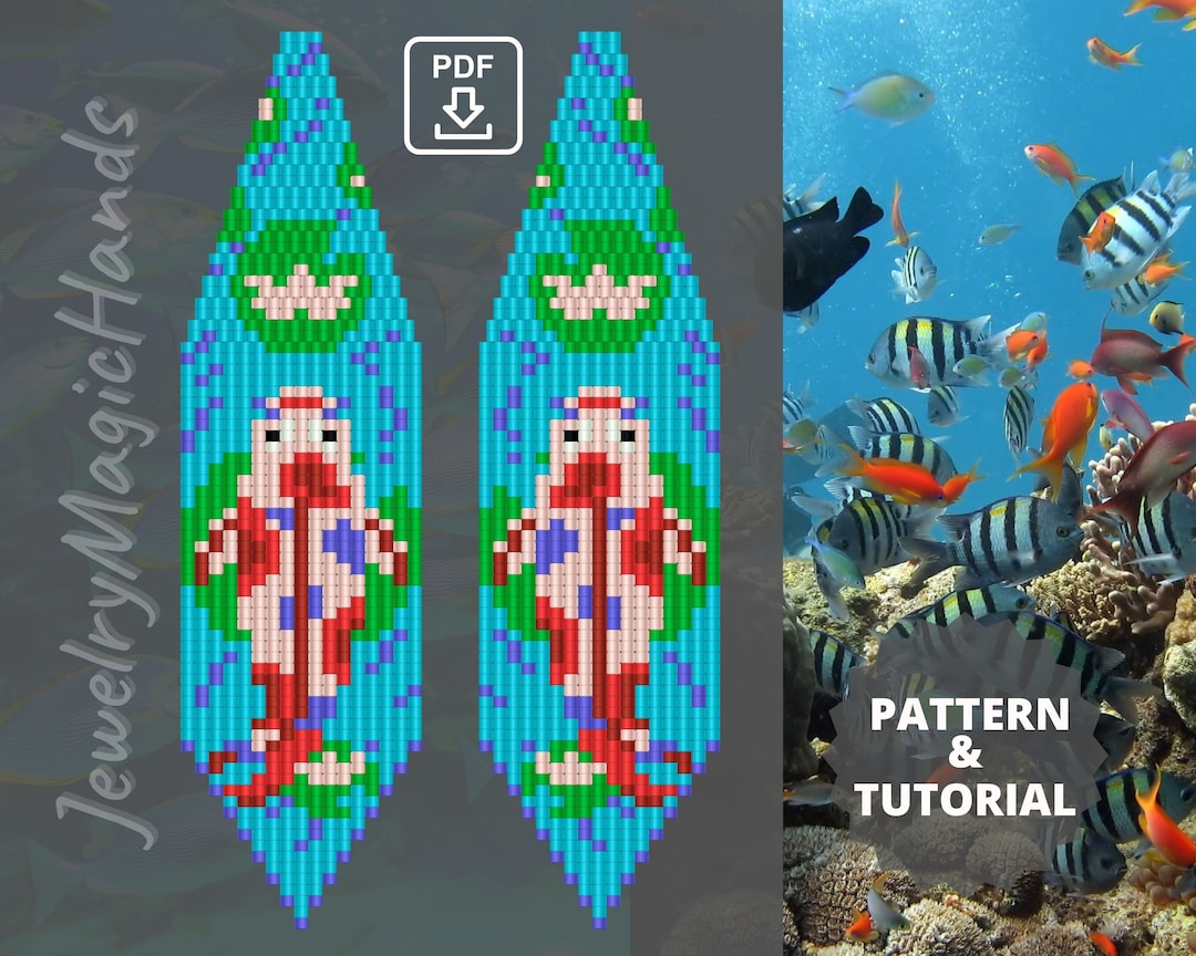 Koi Fish Beaded Earrings Tutorials Dangle Fringe Earrings Beaded Brick Stitch Pattern Digital ...