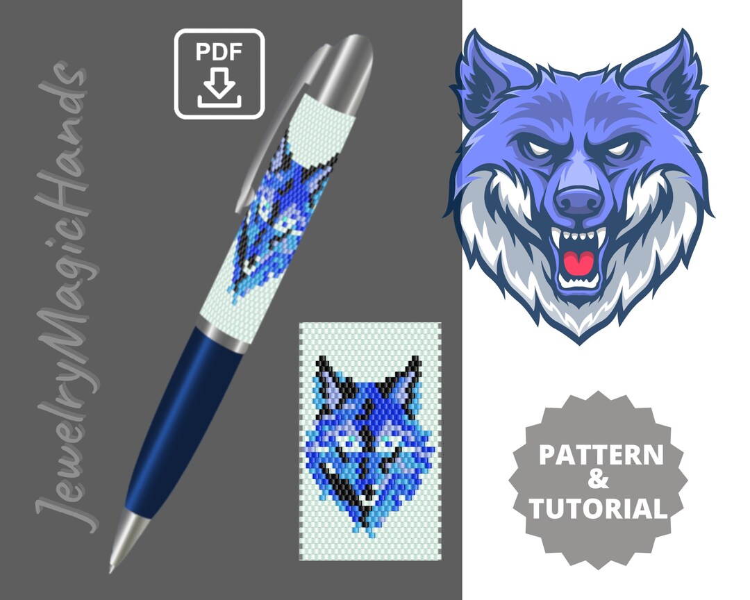 Pen Wrap Wolf Pattern Step by Step TUTORIAL Funny Pen Cover Beaded ...