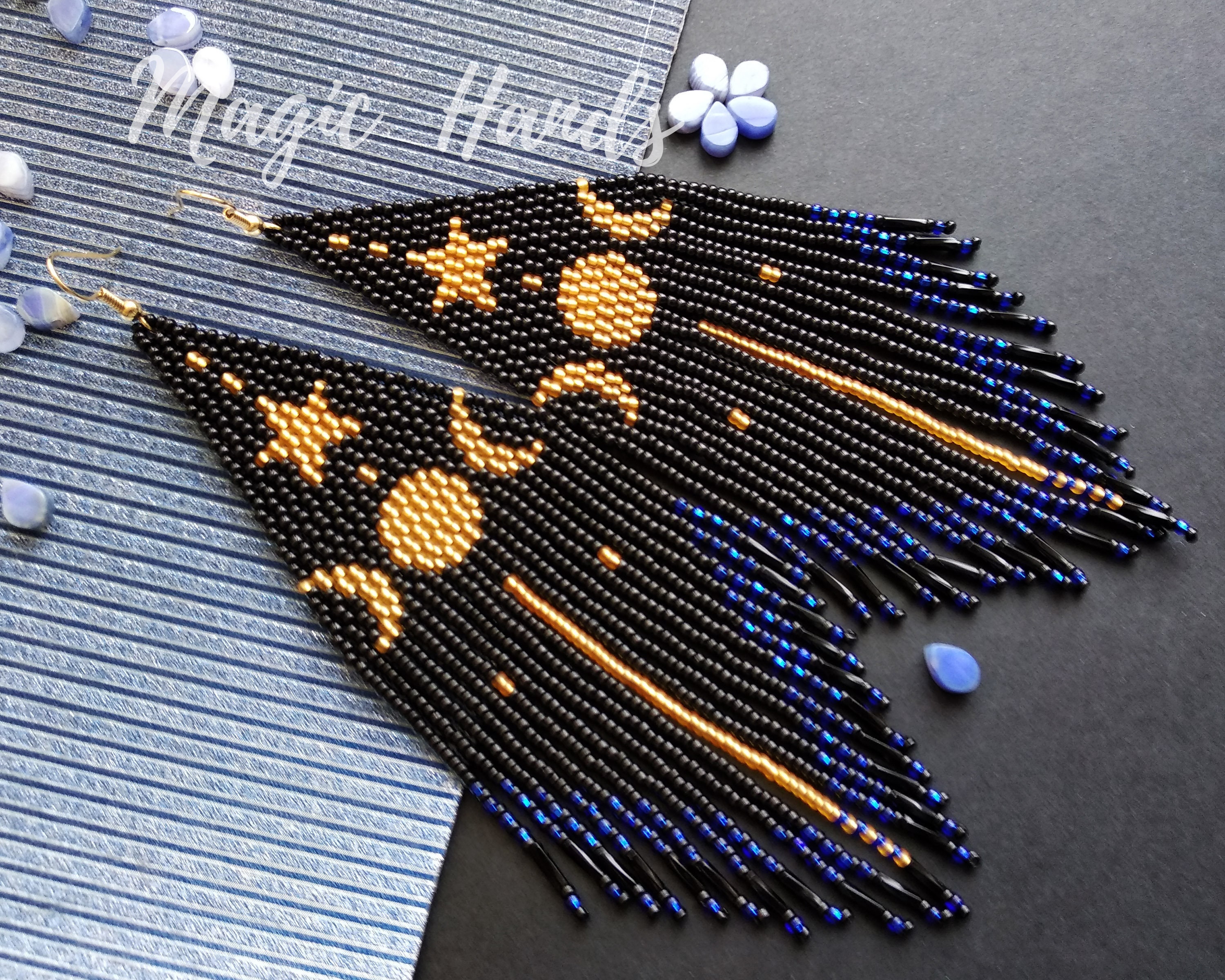 Beaded Moon Earrings With Star Black Long Fringed Earrings - Etsy UK