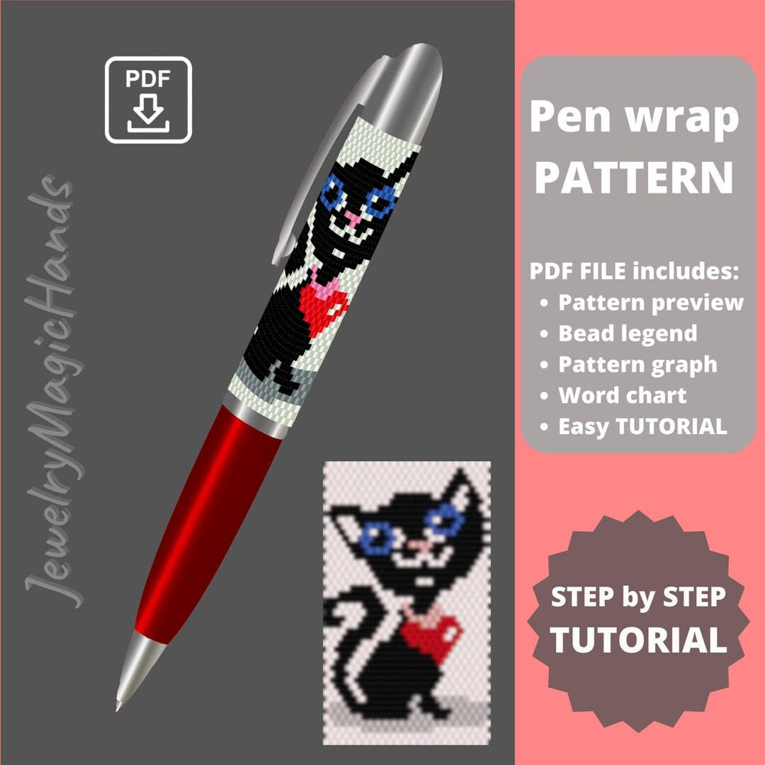 Pen Wrap Black Cat Pattern Step by Step TUTORIAL Pen Cover Beaded ...