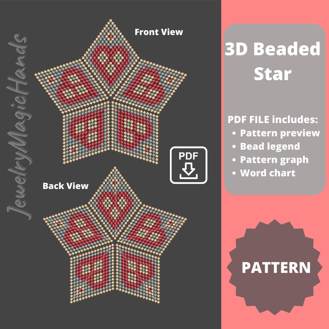 3D PEYOTE STAR Heart Pattern | PDF Heart Ornament | Beaded Peyote ...