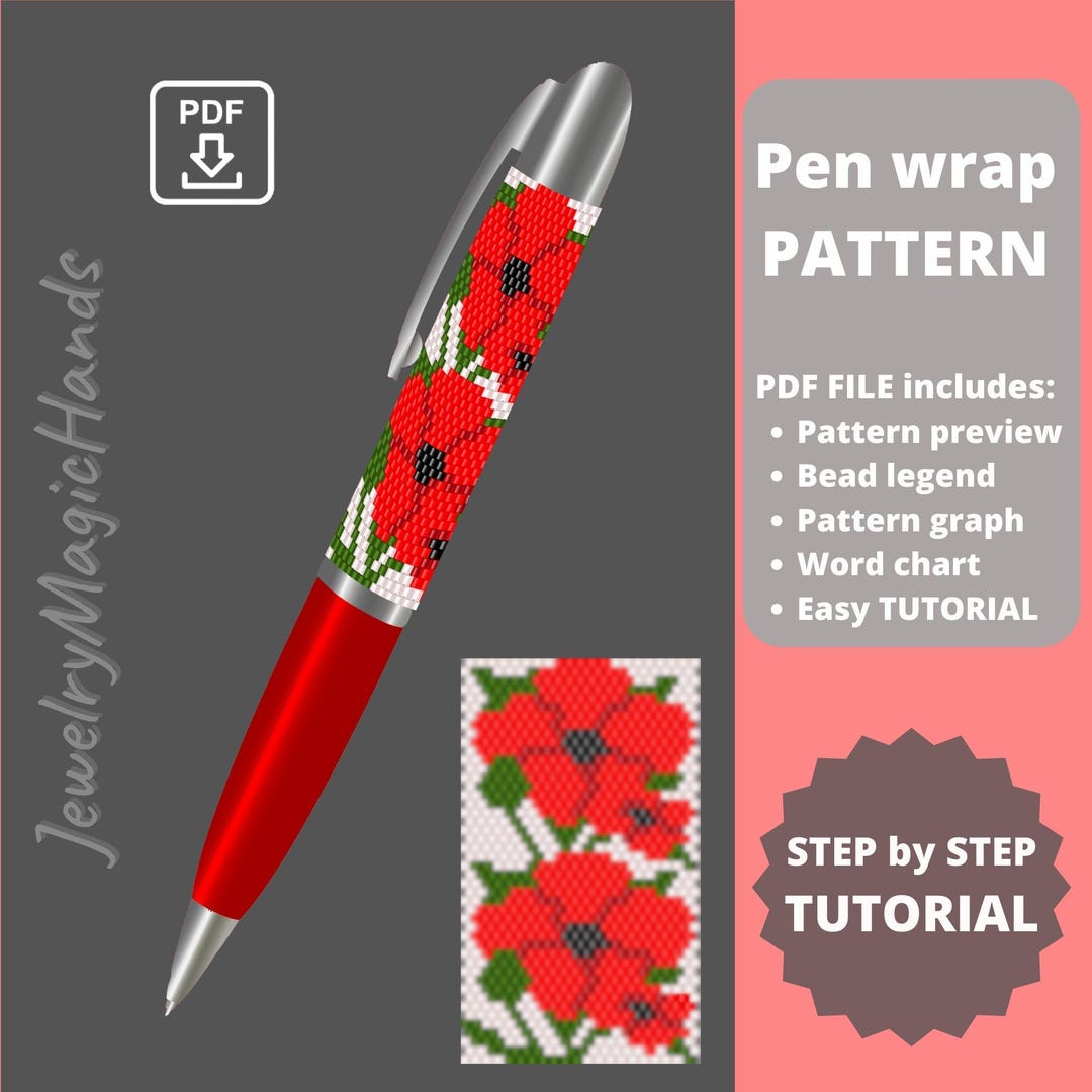 Pen Wrap Red Poppies Pattern Step by Step TUTORIAL Pen Cover Beaded ...